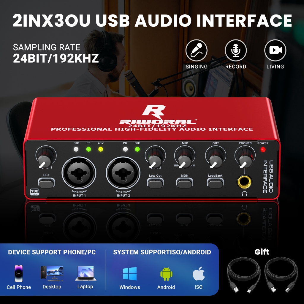 2 Channel USB Audio Interface 24-Bit/192kHz +48V Phantom Power Live ...