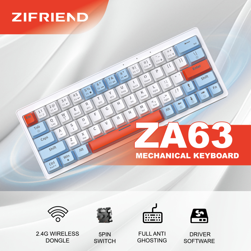 ZIFRIEND ZA63 Mechanical Keyboard 63Key RGB Backlight Hotswap Wireless ...
