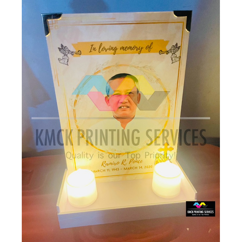 Memorial Sintra Board Standee with Two Led Candle and Gold Metal Corner ...