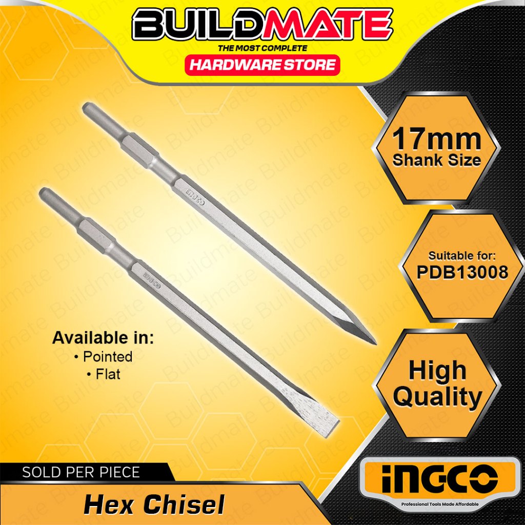 BUILDMATE Ingco Hex Chisel 17x350mm Flat / Pointed Concrete Breaker Masonry Demolition Chiseling ...