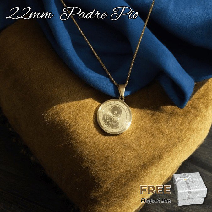 22mm Padre Pio Pendant in Dainty Spiga Chain Gold Tone with Elegant Box ...