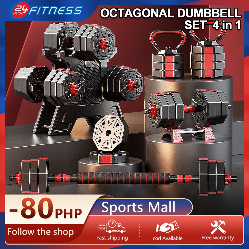 4 In 1 Adjustable Pair Dumbbell Set 10/15/20/30/40KG Barbell Kettlebell ...