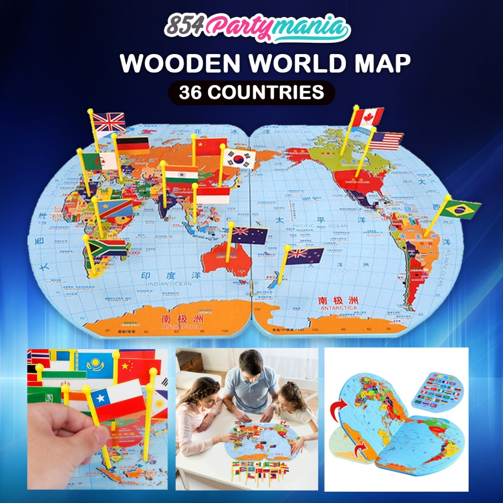 Montessori toy Wooden World Map of The World National Flag Location ...