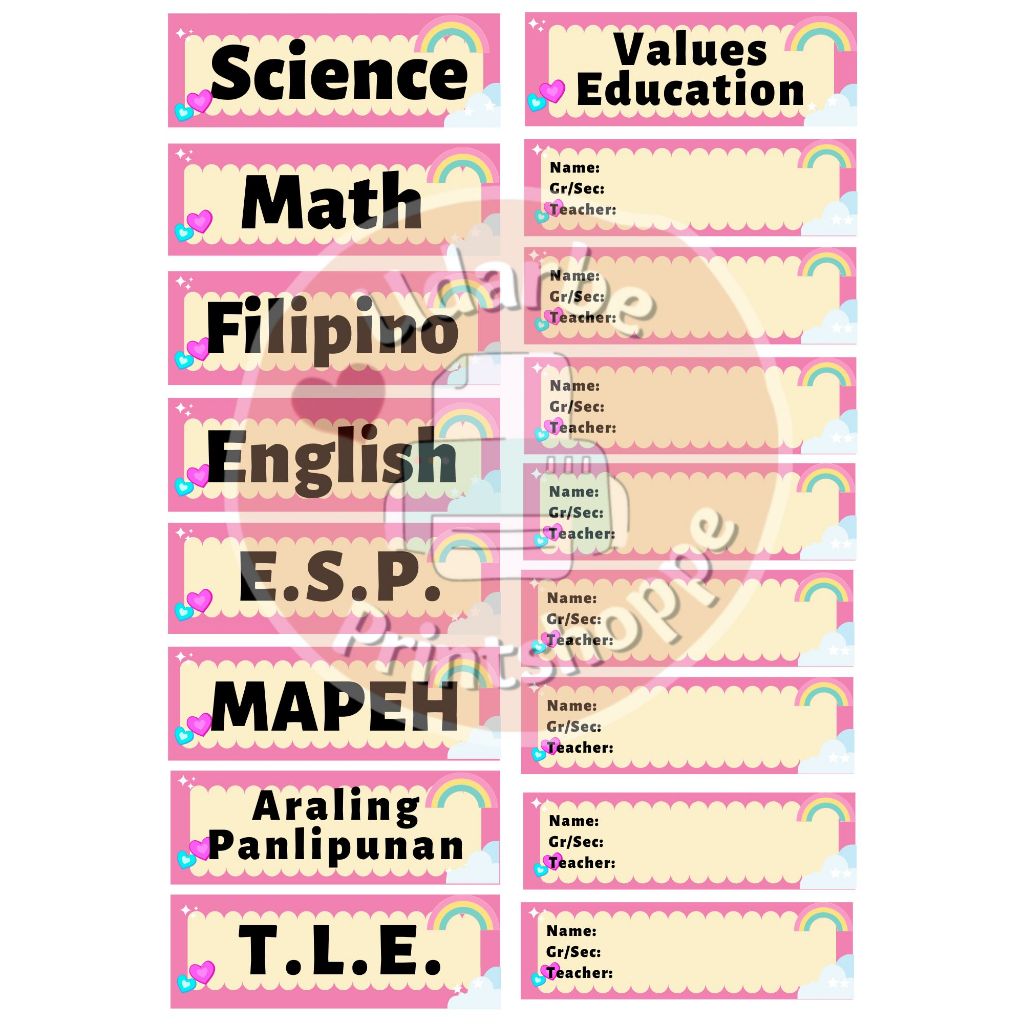 PINK SUBJECT AND BLANK NAME STICKER SET (VALUES EDUC & ESP) | Shopee ...