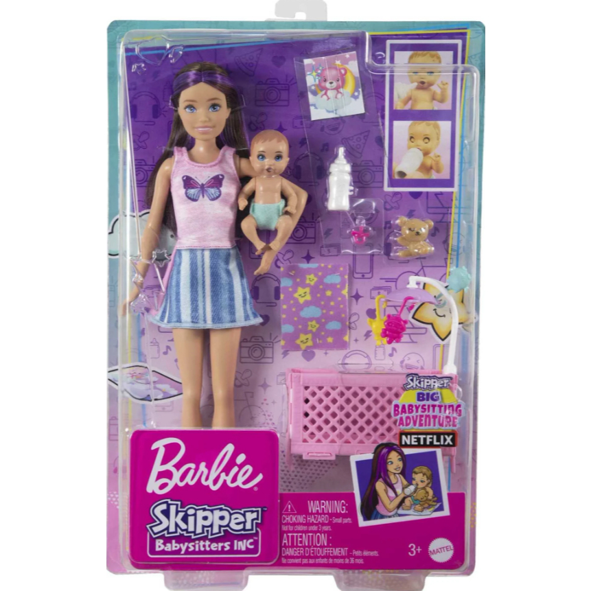 Barbie Skipper Babysitters Inc. Playset with Sleepy Eye Baby Doll, Crib ...