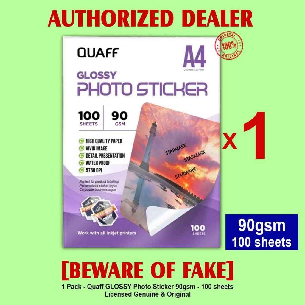 Quaff GLOSSY Photo Sticker Paper Papers A4 Size 90gsm 100 Sheets per ...