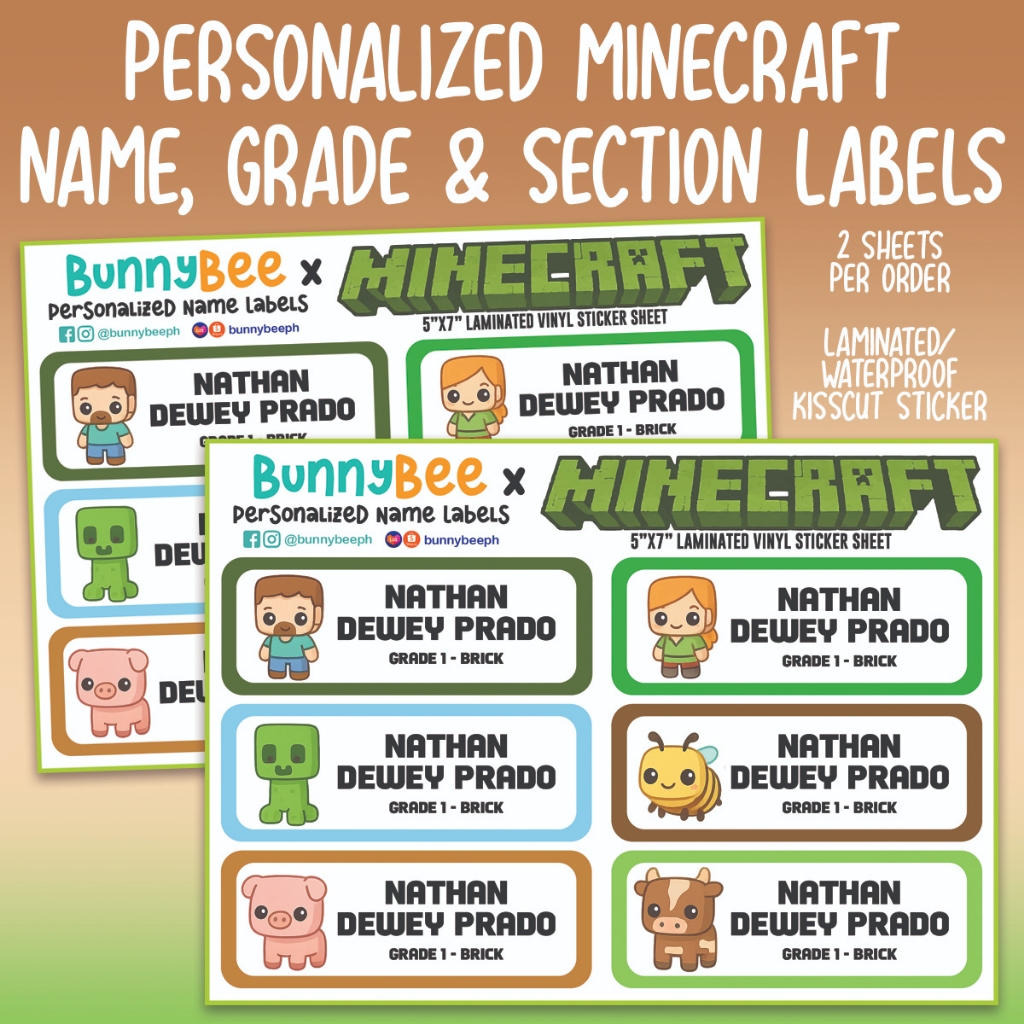Personalized Minecraft Laminated Waterproof Stickers (Name, Grade ...