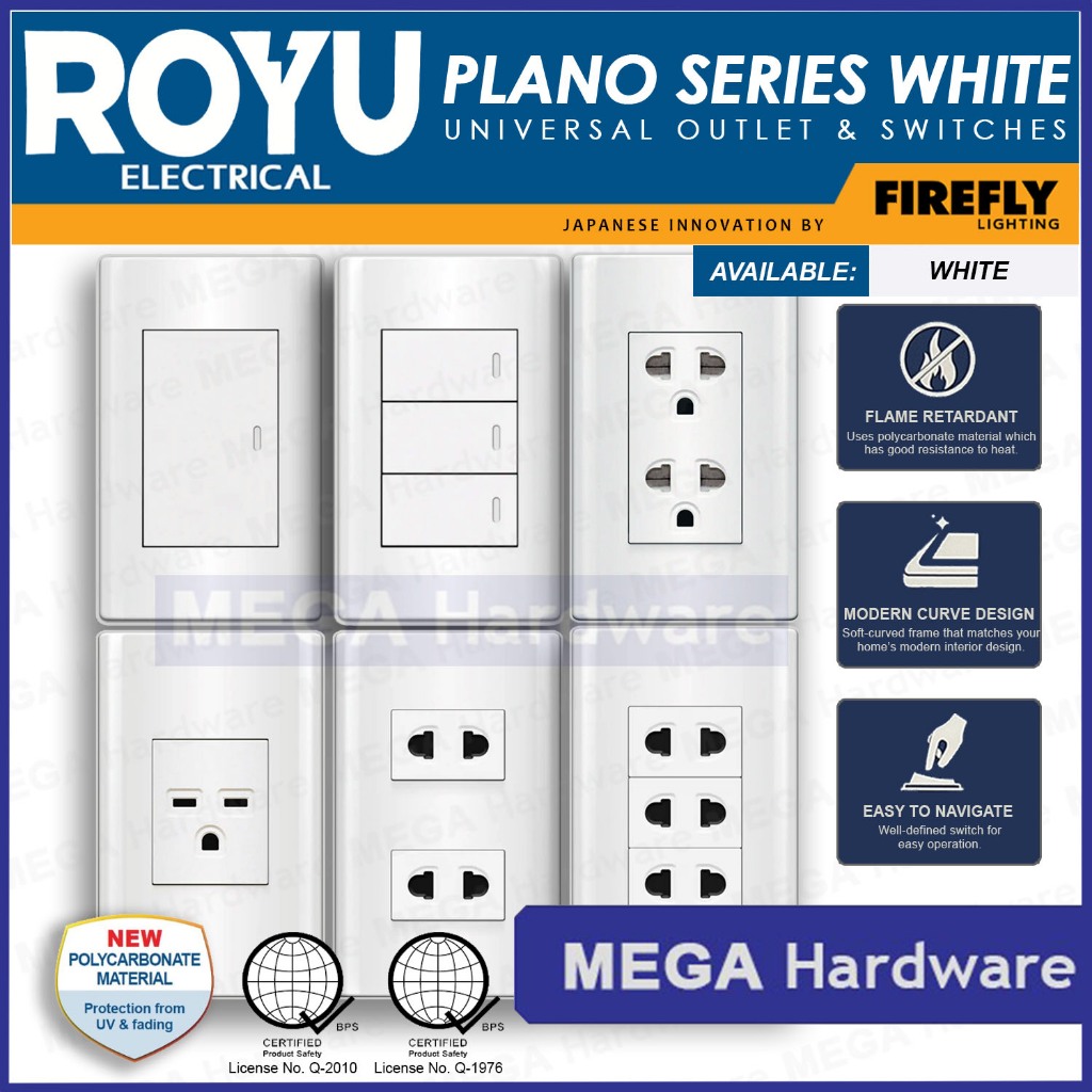 ROYU Plano Series White Universal Outlet & Switch (1Gang, 2Gang, 3Gang ...