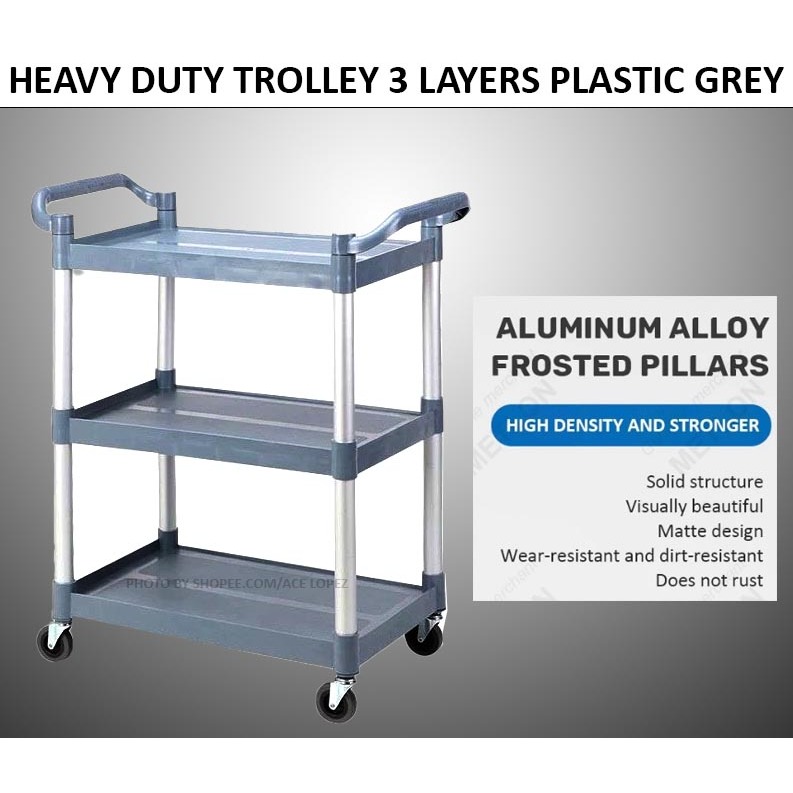Heavy Duty Utility Food Kitchen Trolley 3 Layer Thick Plastic Grey ...