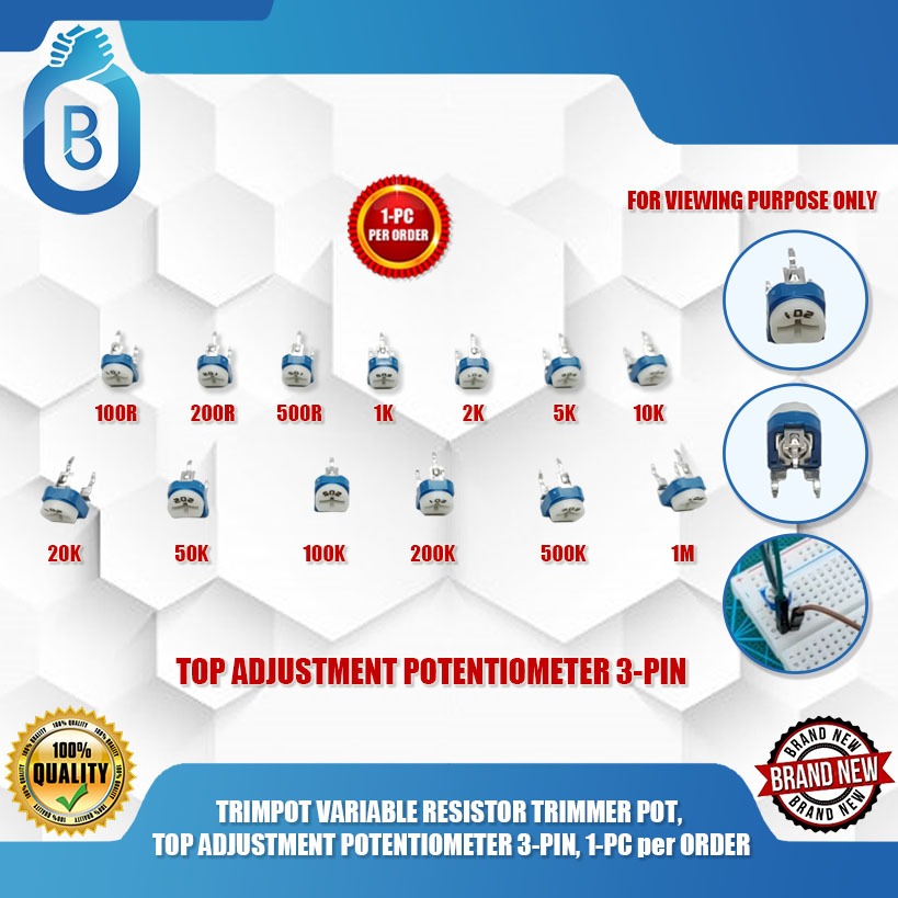 TRIMPOT VARIABLE RESISTOR TRIMMER POT, TOP ADJUSTMENT POTENTIOMETER 3 ...