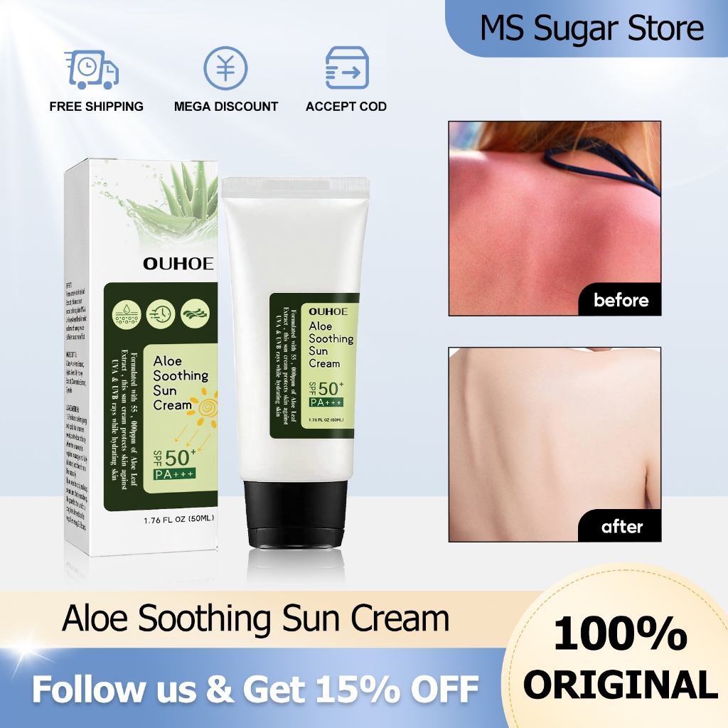 OUHOE Aloe Soothing Sun Cream SPF 50 PA+++ 50ml UV Protection Sunblock ...