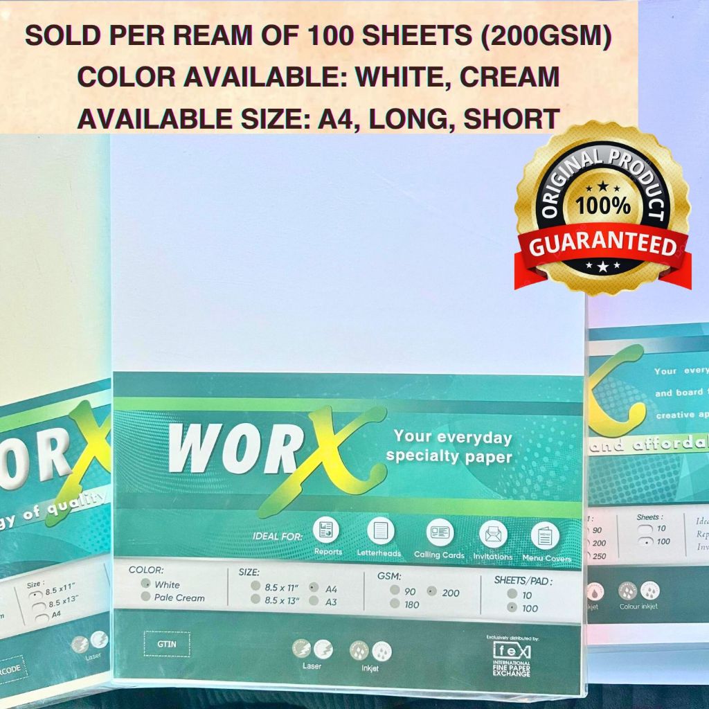 Specialty Board WORX 200gsm COLOR: White,Cream SIZE: A4,LONG,SHORT ...