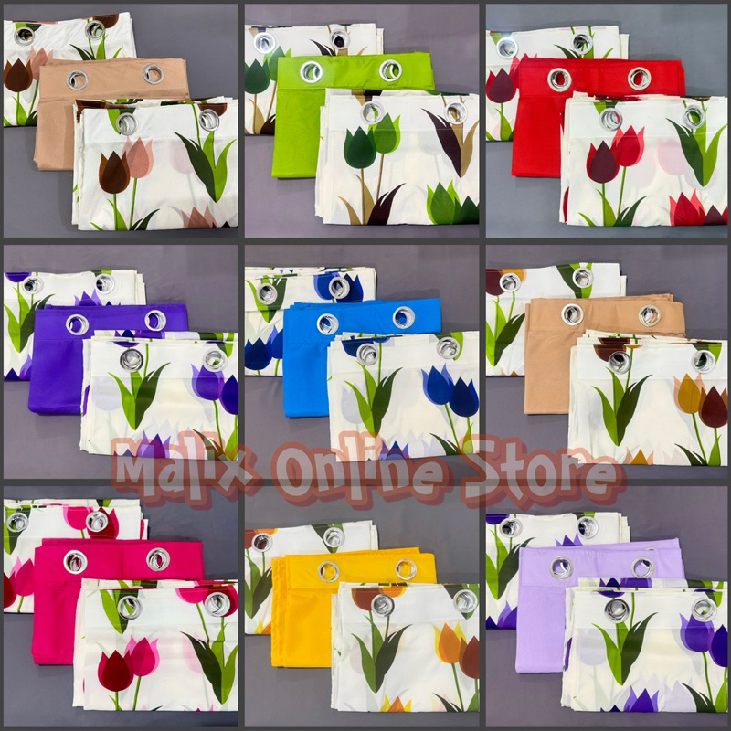 3 in 1 Ring Curtain Tulip Buds 5ft 6ft 7ft 2 Printed 1 Plain Geena ...