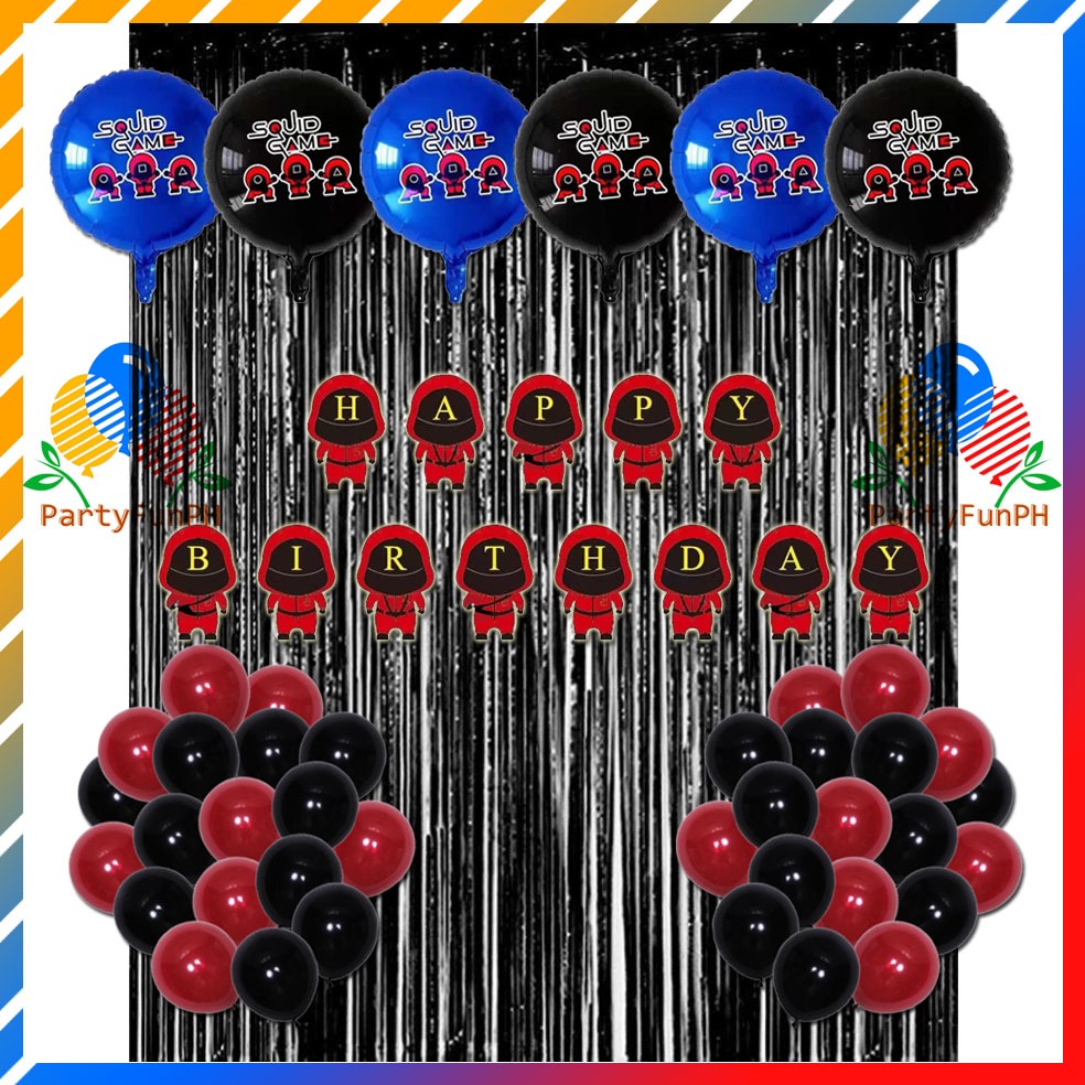 33pc Squid Game SET with Backdrop Curtain - Happy Birthday Banner Party ...