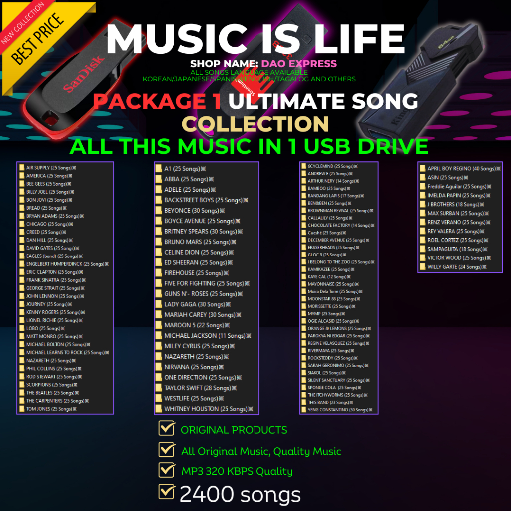 USB FLASHDRIVE May laman ng mga kanta 320 kbps Music Song Collection ...