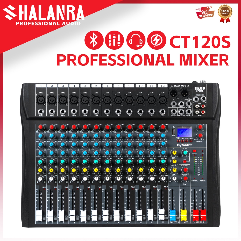 CT120S 12 Channel Audio Mixer Sound Mixing Console with Bluetooth USB,PC Recording Input, XLR ...