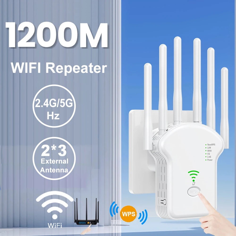 1200Mbps WiFi Repeater Wireless WiFi Signal Repeater Extender 6-Antenna ...