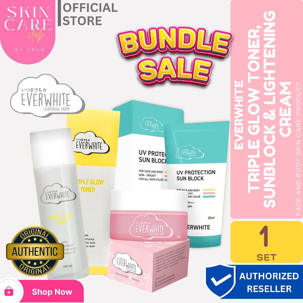 EVERWHITE TRIPLE GLOW TONER + UV SUNBLOCK + LIGHTENING CREAM | 1 SET ...