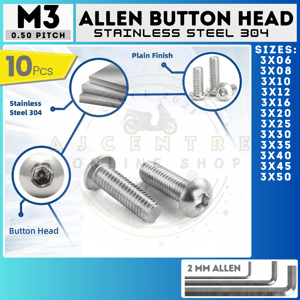 10PCS 3MM ( M3 x 0.50P ) Stainless 304 Allen Button / Socket Head ...