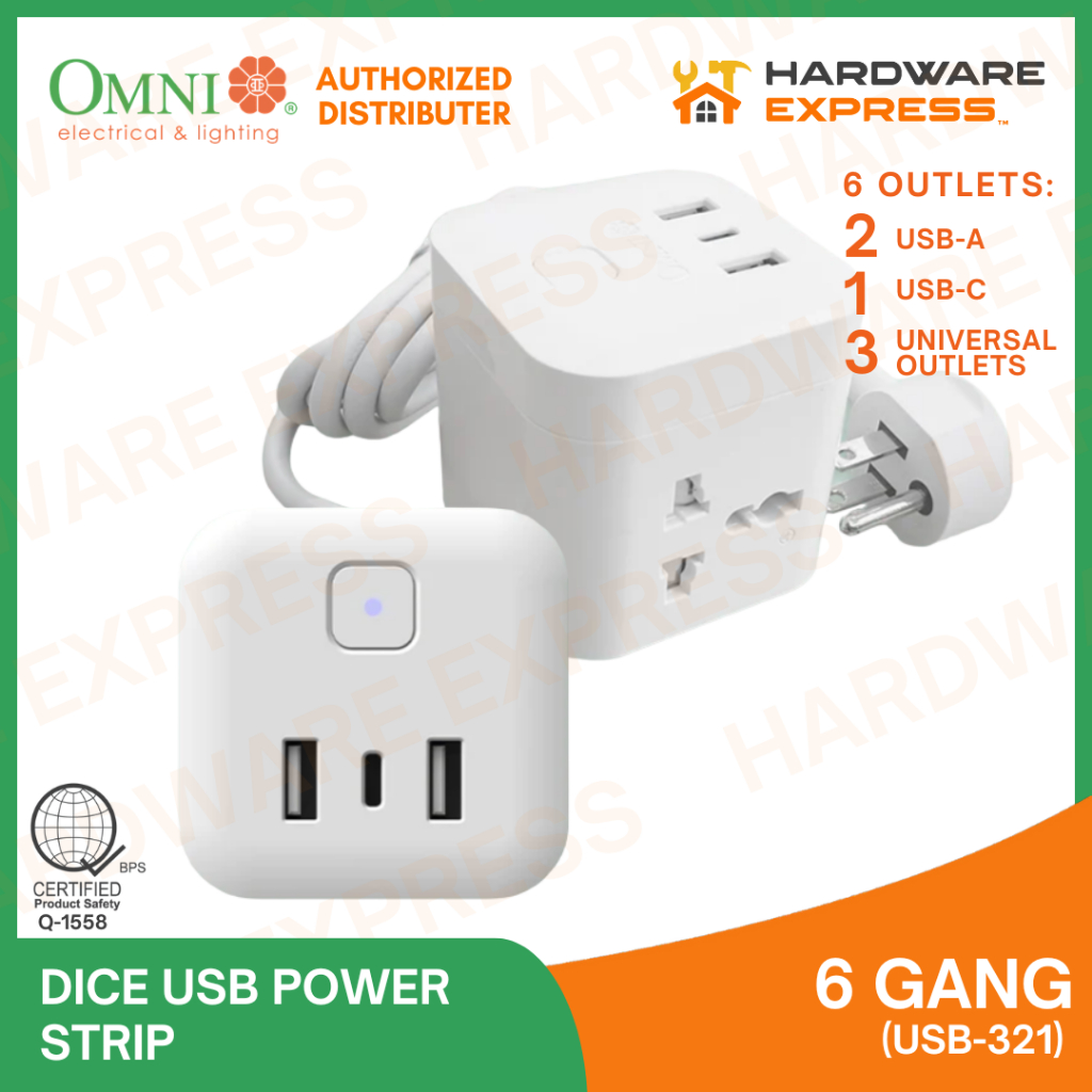 OMNI USB-321 Dice USB Power Strip Extension Cord W/ 6 Outlets (USB-A ...