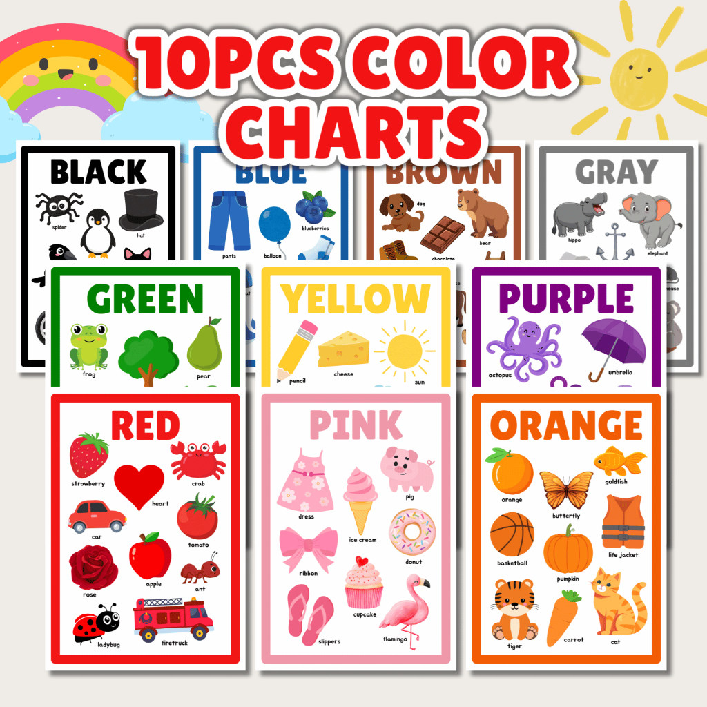 10pcs Educational Color Charts for Kids – Learn Colors with Visual ...
