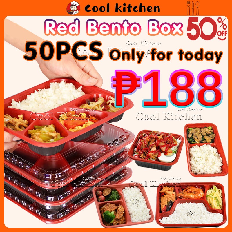 (50PCS) Red bento box with free lid 1/2/3/4/5 grid takeaway packaging ...