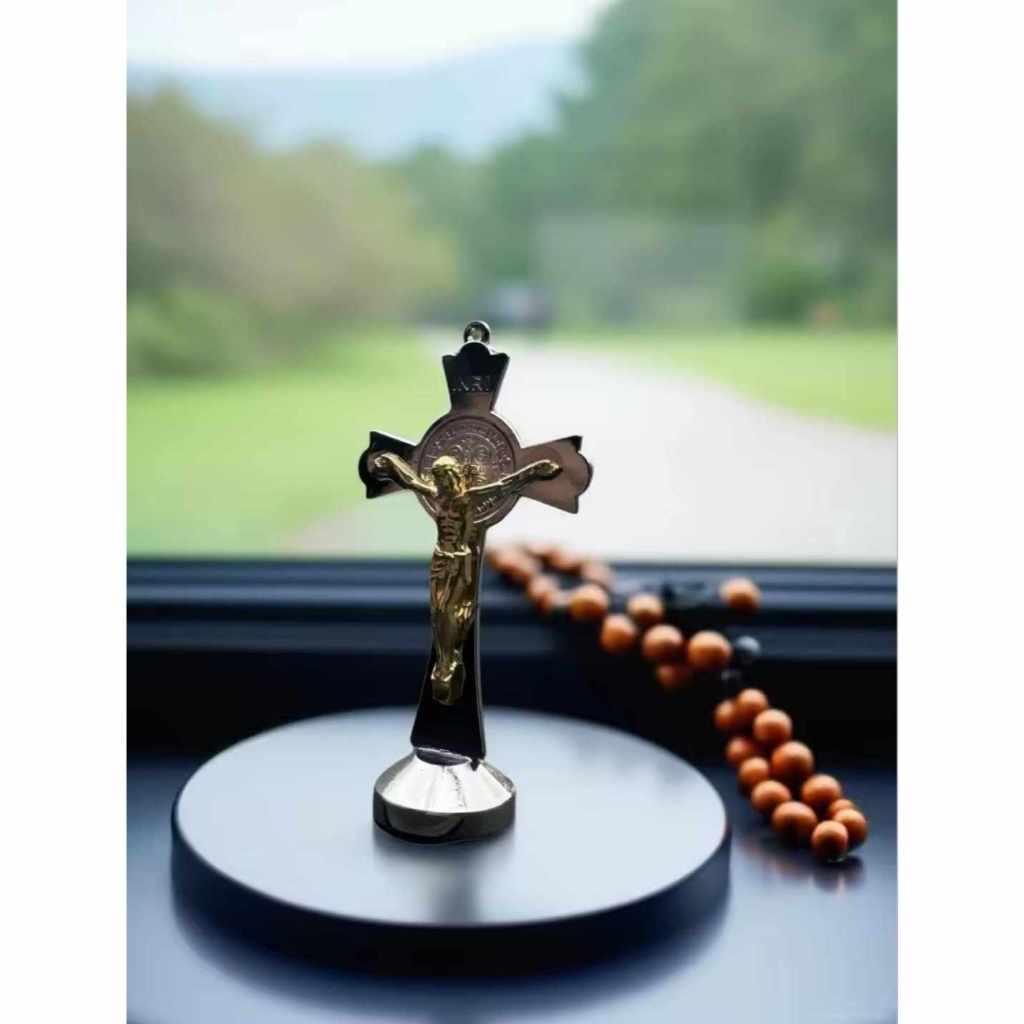 Catholic Car Cross with St. Benedict Medal – Gold & Silver Dashboard ...