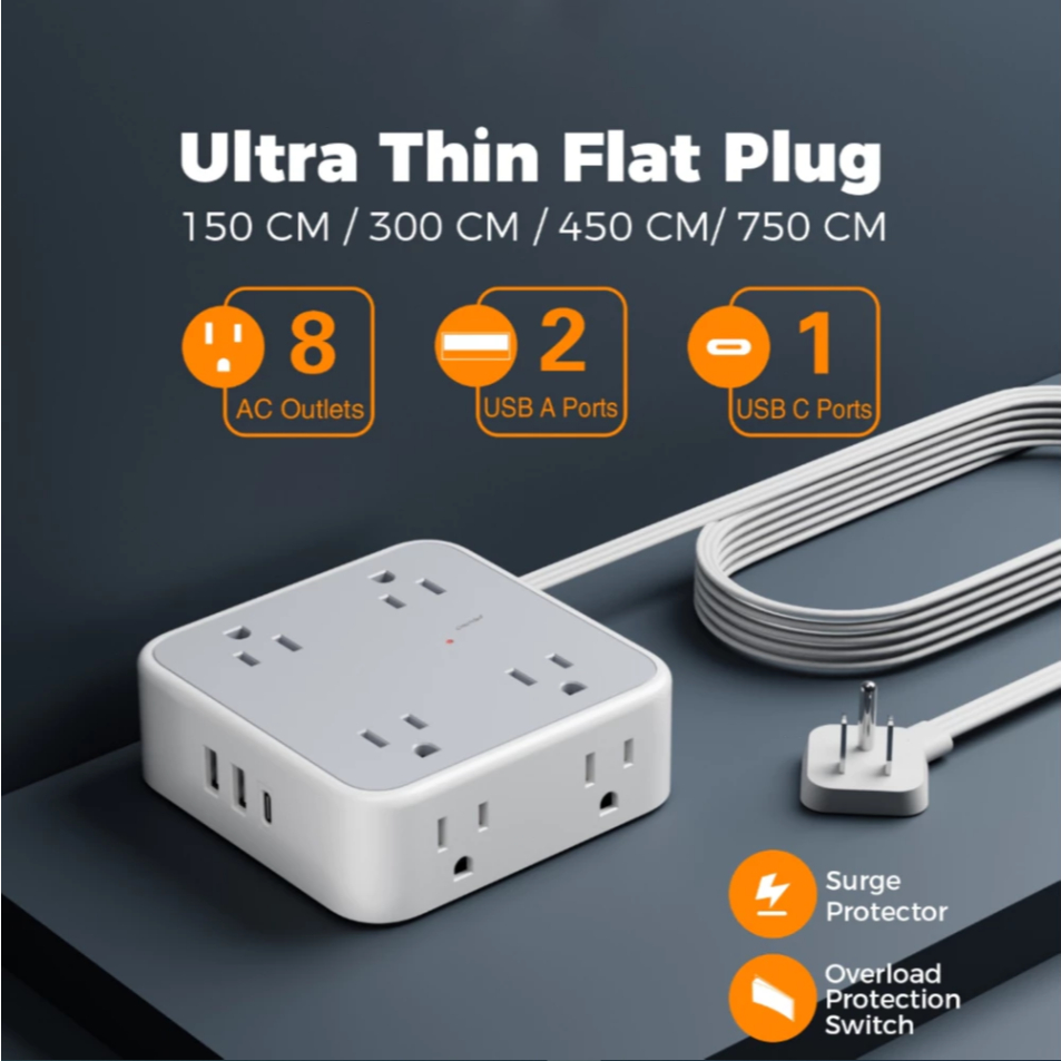 Extension Wire with USB+Type C,Flat Plug Power Strip Portable Extension ...