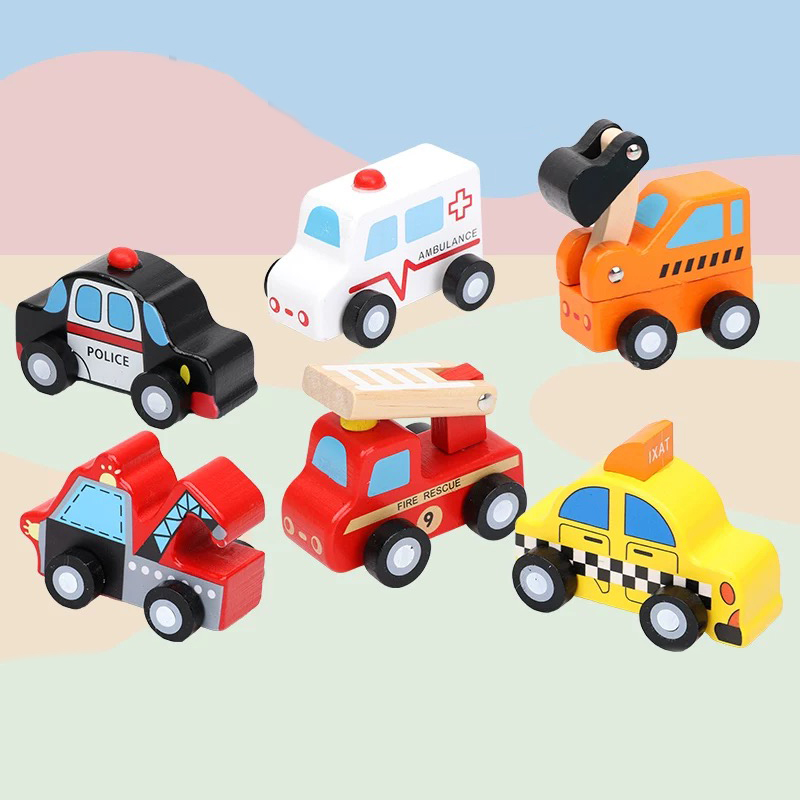 Wooden Car Play Mini Toy Vehicle with Taxi, Police,Fire Truck,Tow Truck ...