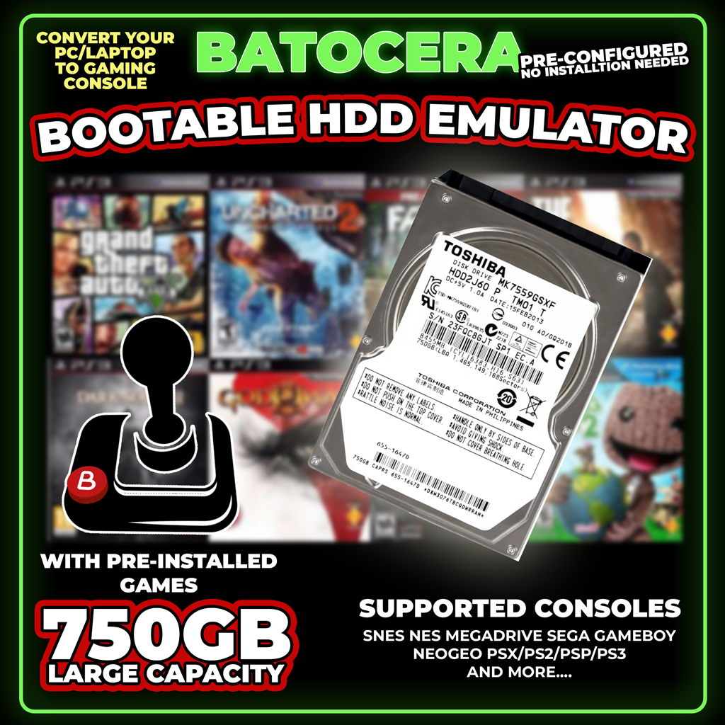 Batocera 750GB Bootable System Emulator Gaming Hardisk Full Games with ...