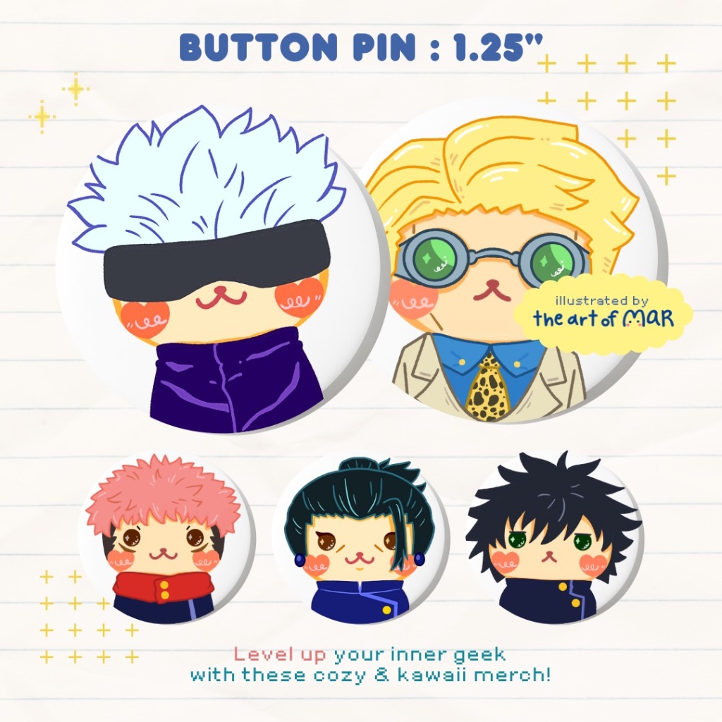 Jujutsu Kaisen Button Pin 1.25" by The Art of Mar | gojo, geto, yuji ...
