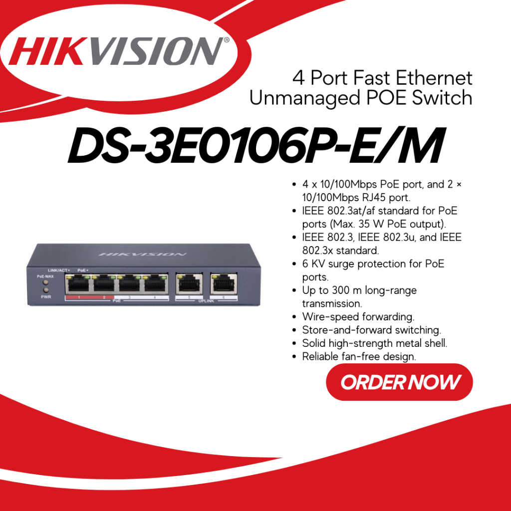 HIKVISION DS-3E0106P-E/M 6-Port PoE Switch - 4 PoE Ports, 2 Gigabit Ports, Plug & Play | Shopee ...