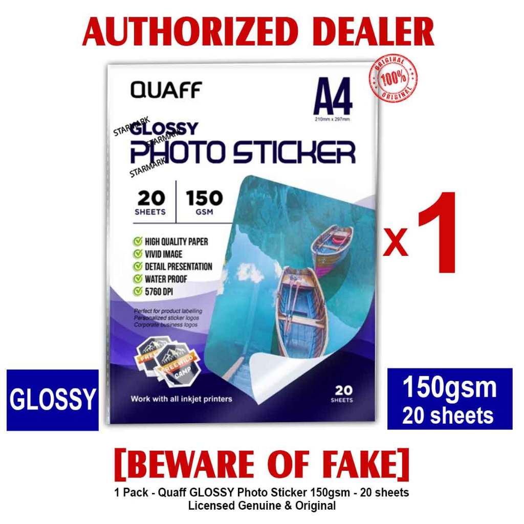 Quaff GLOSSY Photo Sticker Paper Papers A4 Size 150gsm 20 Sheets per ...