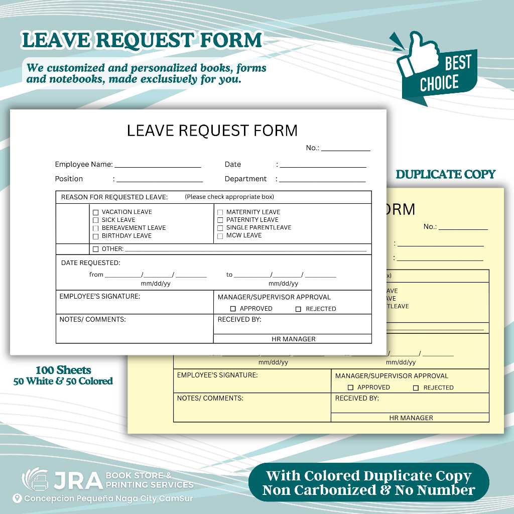Leave Request Form Pad – 100 Sheets for HR, Office, and Employee Use ...