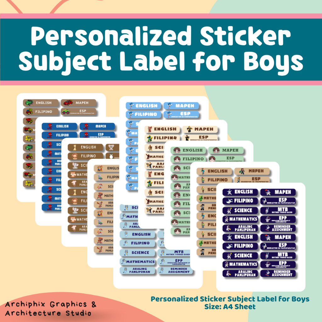 Personalized Subject Label Stickers for Boys by Archiphix (20 pcs ...