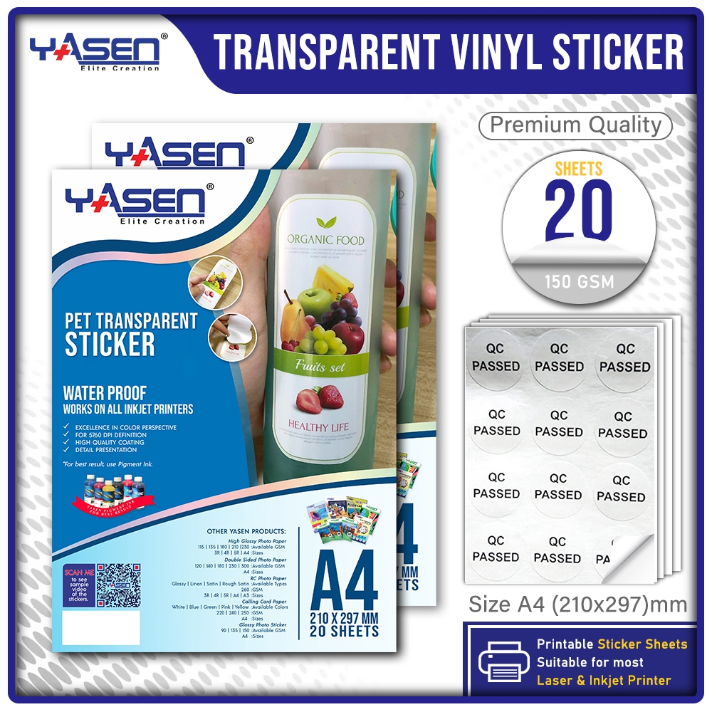 Yasen Transparent Vinyl Sticker Paper Waterproof A4 Size (20 Sheets ...