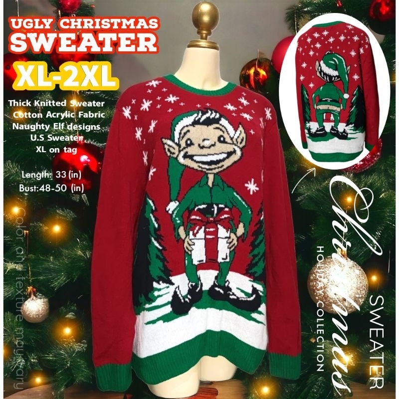 U.S Premium Christmas Holiday Sweater Naughty Elf Design Ugly Sweater ...