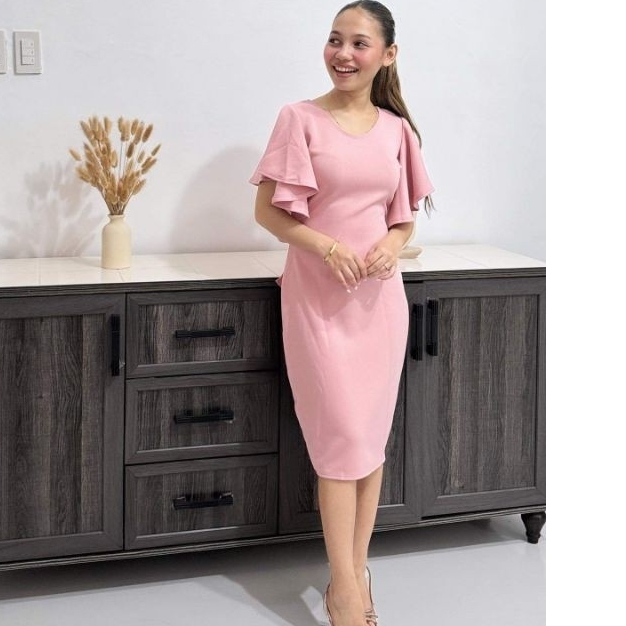 SUSAN Modest Round Neckline Bodycon Midi Dress – Pencil Cut with Ribbon ...