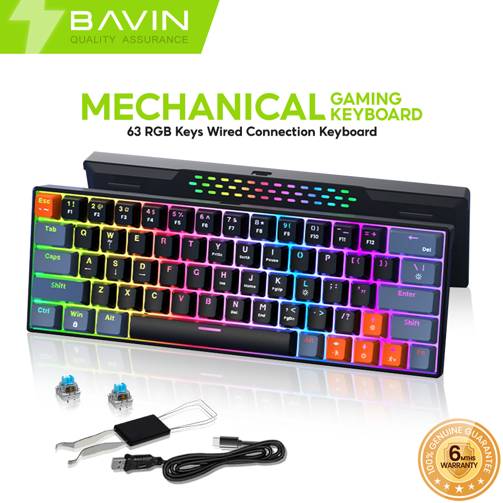 BAVIN K998 63-Key Mechanical Gaming Keyboard Ergonomic w/ Backlit RGB ...