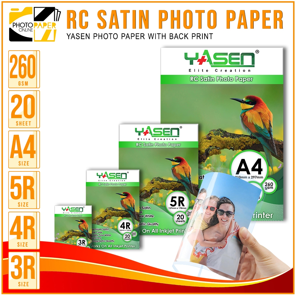 Yasen RC Satin Matte Photo Paper 260 GSM A4 5R 4R 3R Size With Back Print (20 Sheets) | Shopee ...