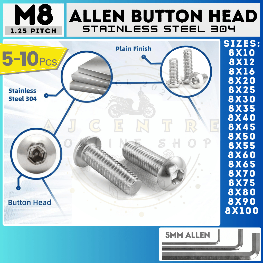 5-10PCS 8MM ( M8 x 1.25P ) Stainless 304 Allen Button / SocketHead / RoundHead Screw Bolt Head ...