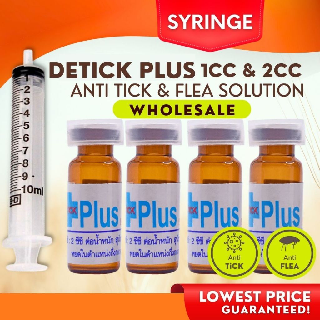 Detick Plus 1cc & 2cc with Free Syringe for Dogs and Cats Anti Ticks & Fleas Drops Treatment ...
