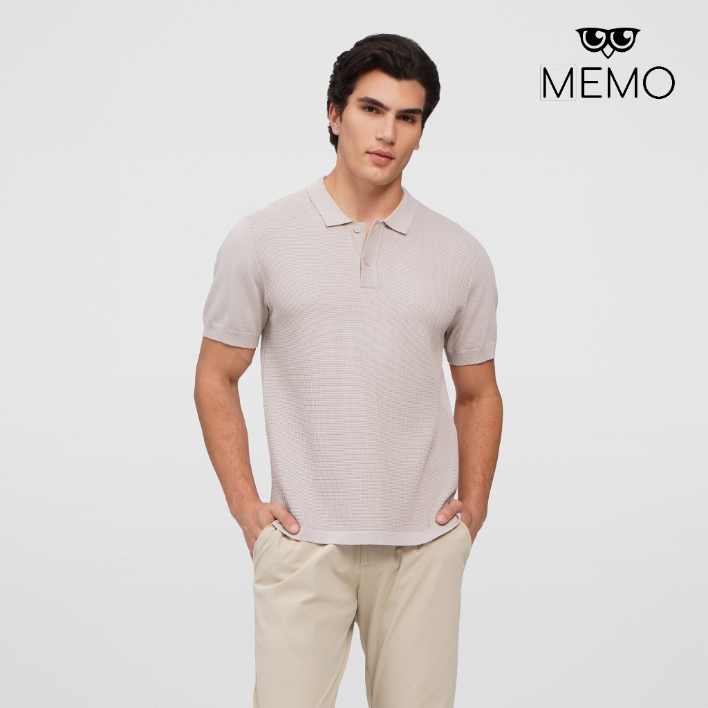 Memo Waffle Flat Knit Polo For Men (Taupe/Midnight Navy) | Shopee Malaysia