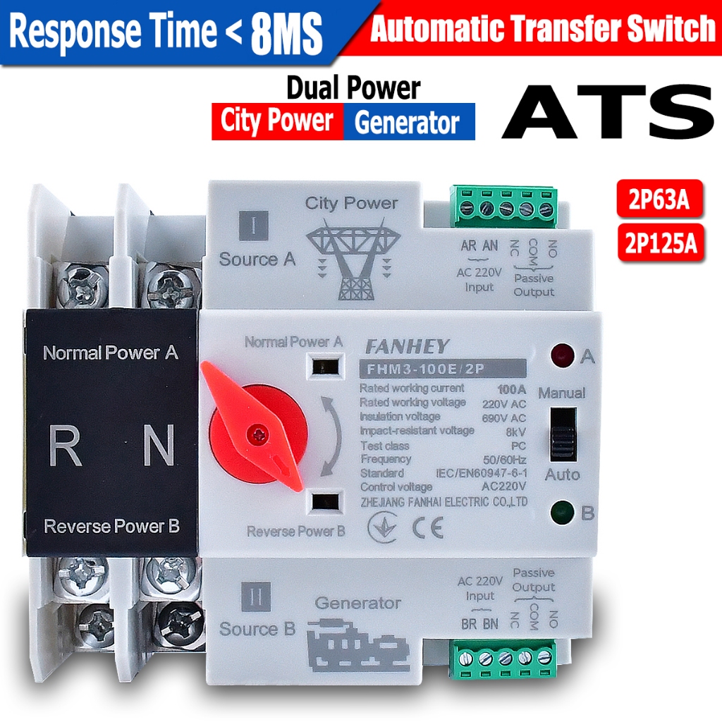 MCB type Dual Power Automatic transfer switch 2P 63A 125A ATS Circuit Breaker Electrical Switch ...