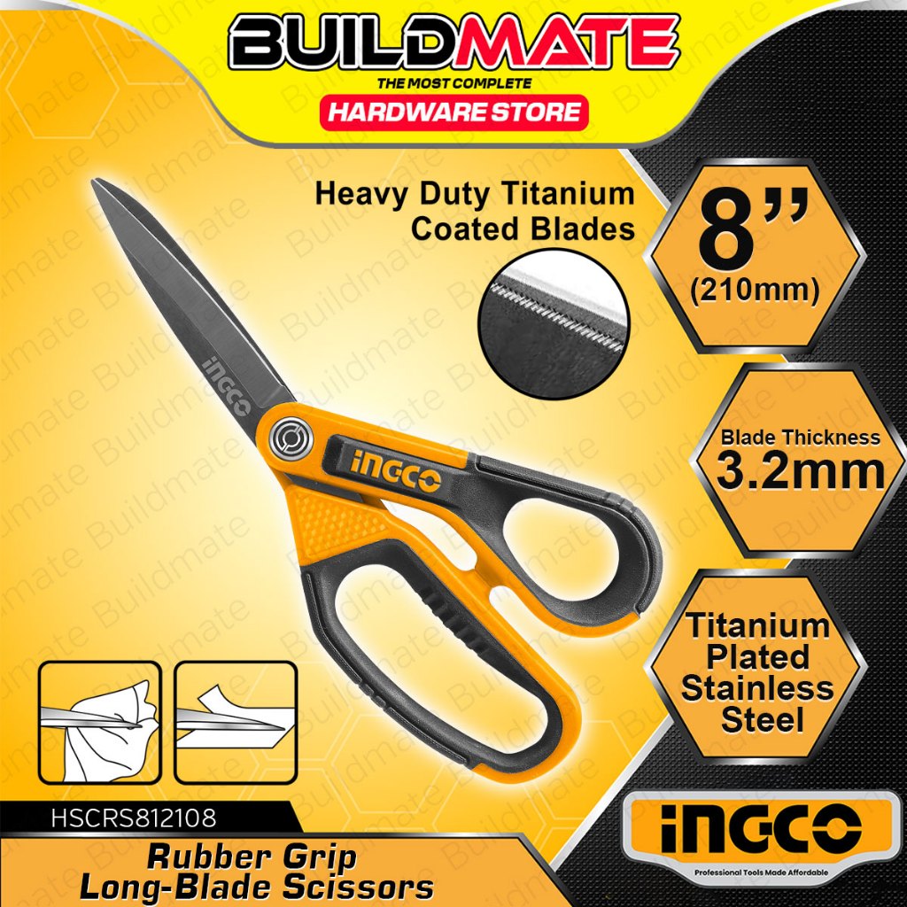 BUILDMATE Ingco 8" Inch Rubber Grip Long-Blade Scissors Multi-Purpose ...