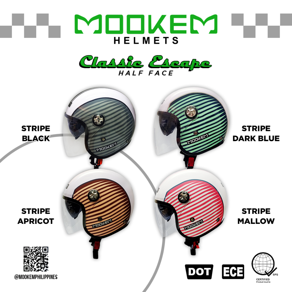 Mookem P001-Classic Escape - STRIPE - Half Face Dual Visor Helmet With ...