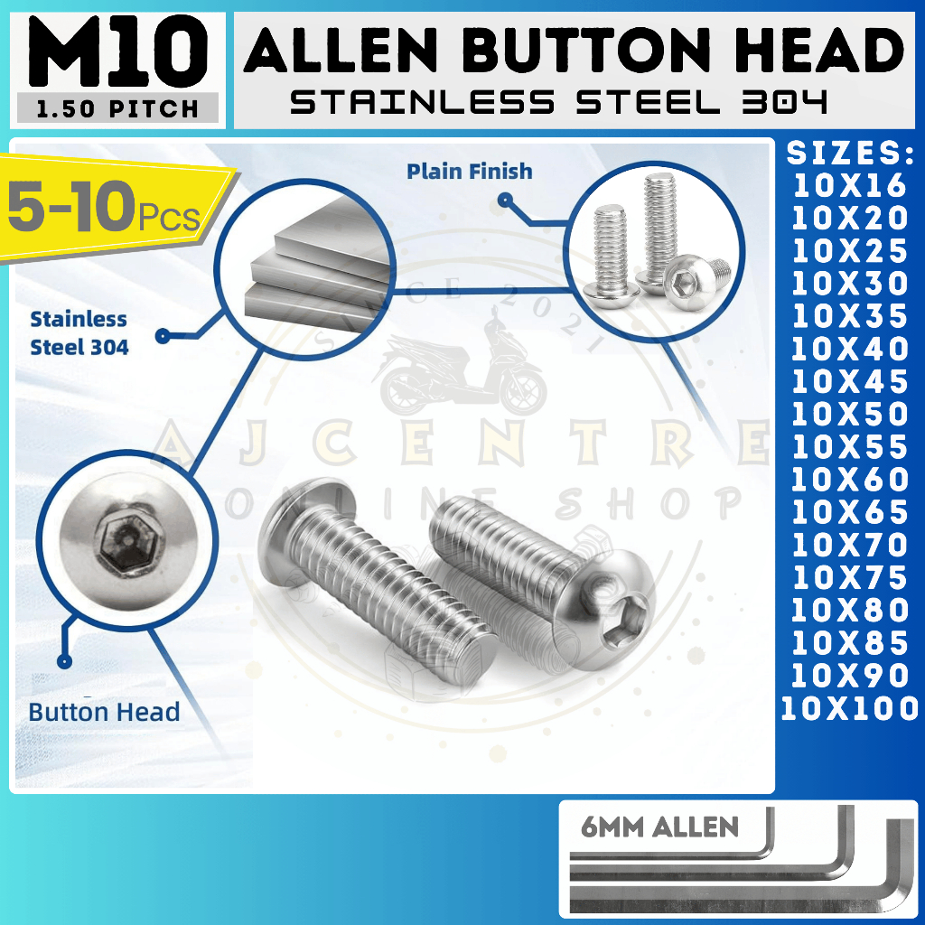5-10PCS 10MM ( M10 x 1.50P ) Stainless 304 Allen Button / Socket Head ...