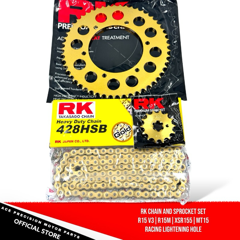 RK CHAIN & SPROCKET SET R15 V3/ MT15/ XSR155 428 LIGHTENING HOLE GOLD ...