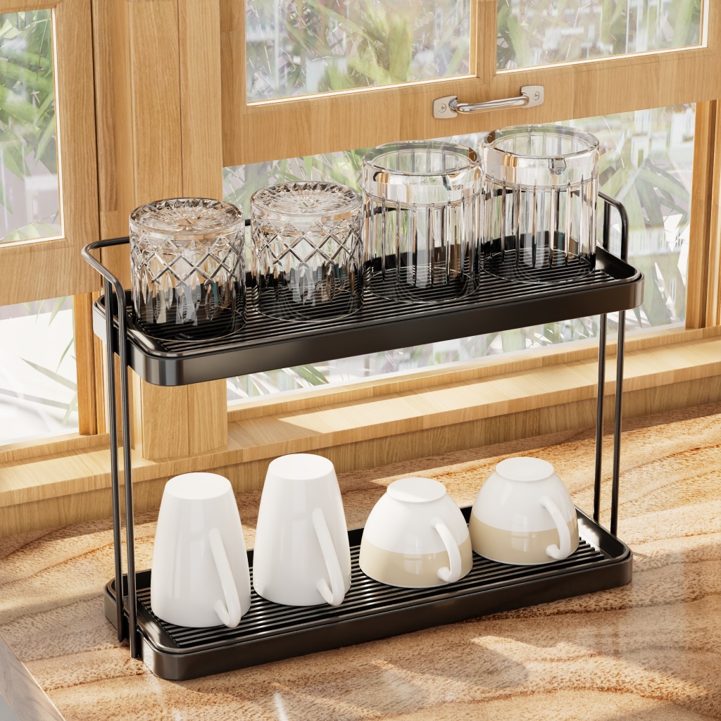2 layer of black stainless steel cup racks, with drainage board kitchen ...