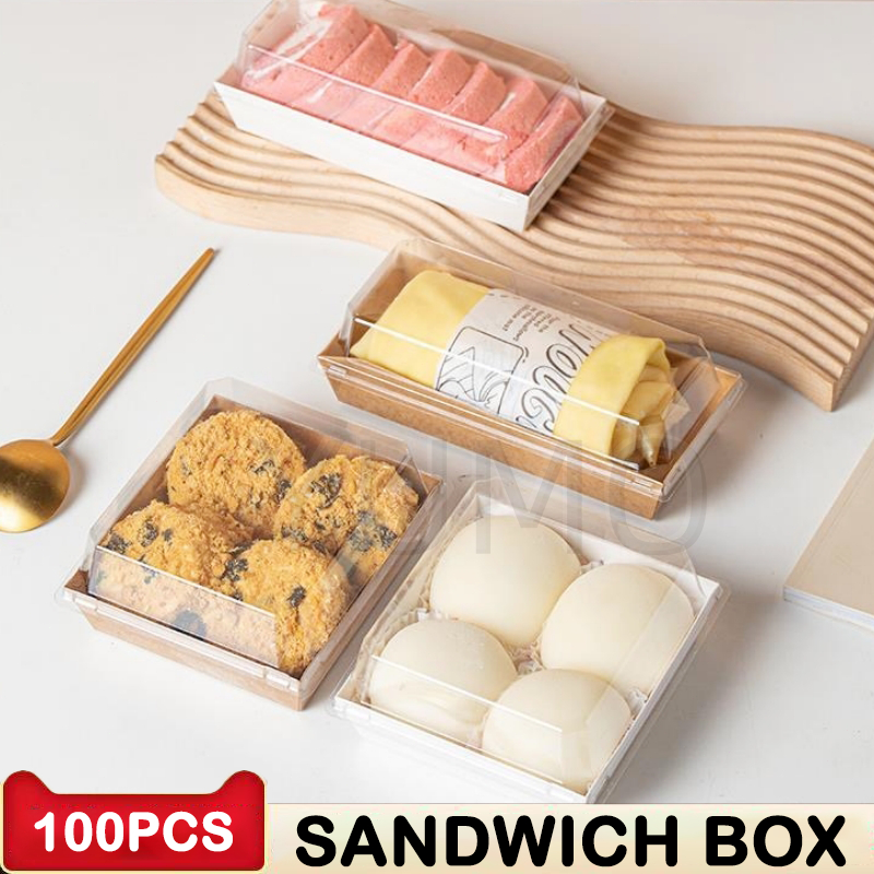 100PCS Square Sandwich Gift Box Kraft Paper Cake Box Transparent Square ...